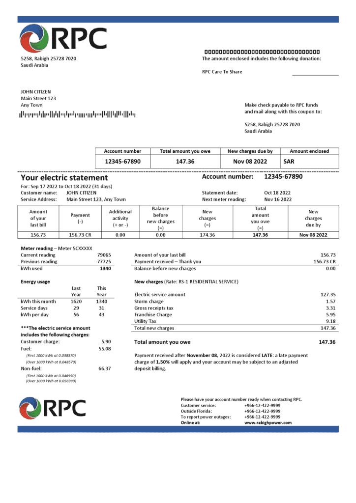 Saudi Arabia Rabigh Power Company Utility Bill, Word And PDF Template