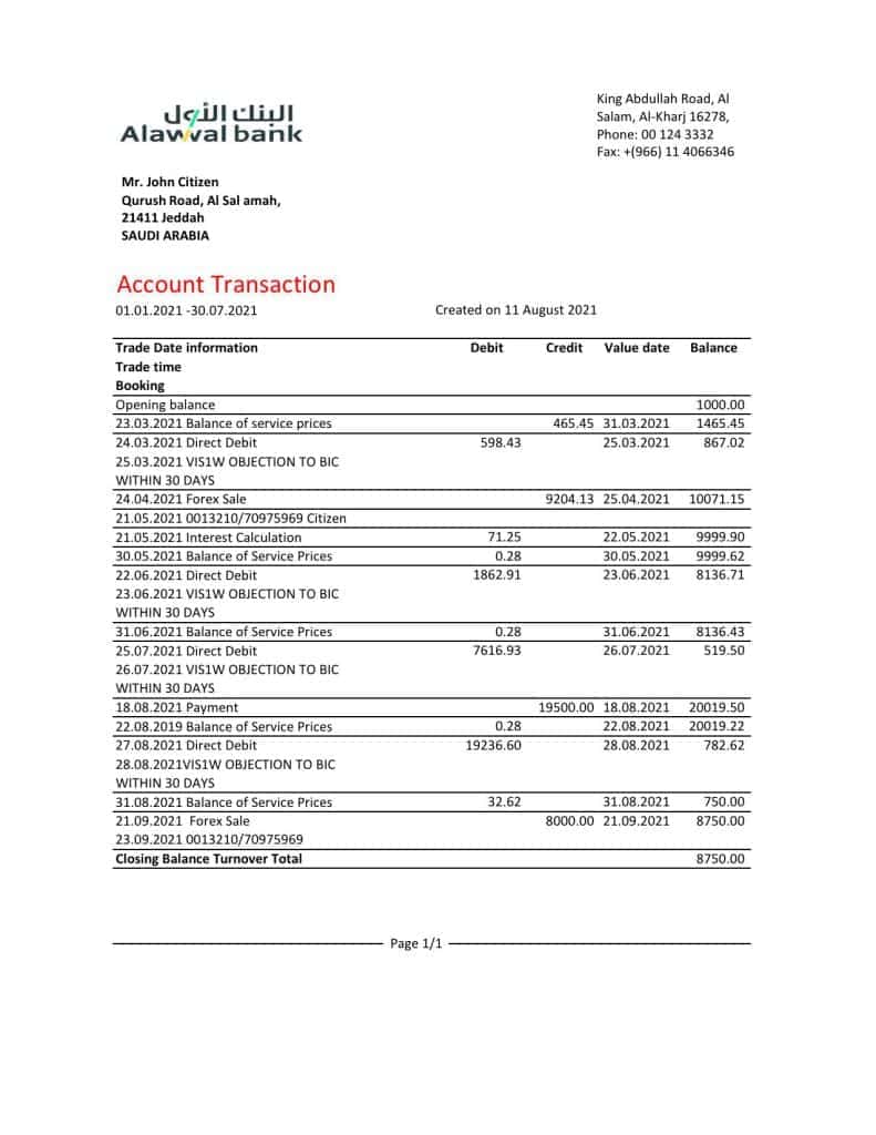 Saudi Arabia Alawwal Bank Statement Easy To Fill Template In .xls And ...