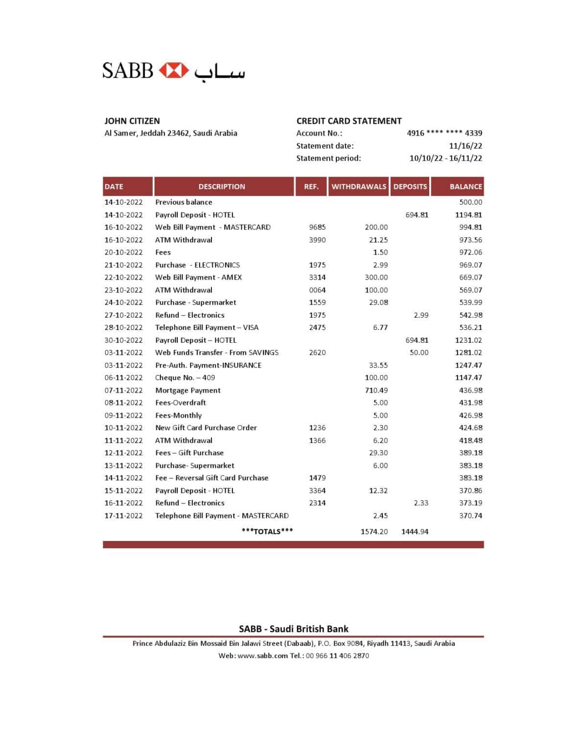 Saudi Arabia SABB Bank Statement, Excel And PDF Template