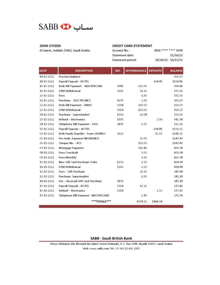 Saudi Arabia SABB Bank Statement, Excel And PDF Template