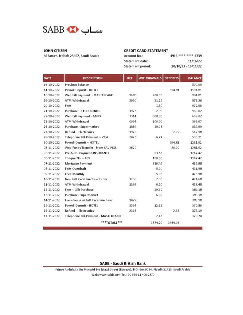 Saudi Arabia SABB Bank Statement, Excel And PDF Template