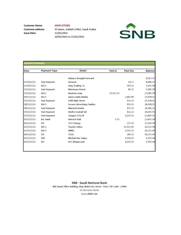 Saudi Arabia SNB Bank Statement, Excel And PDF Template