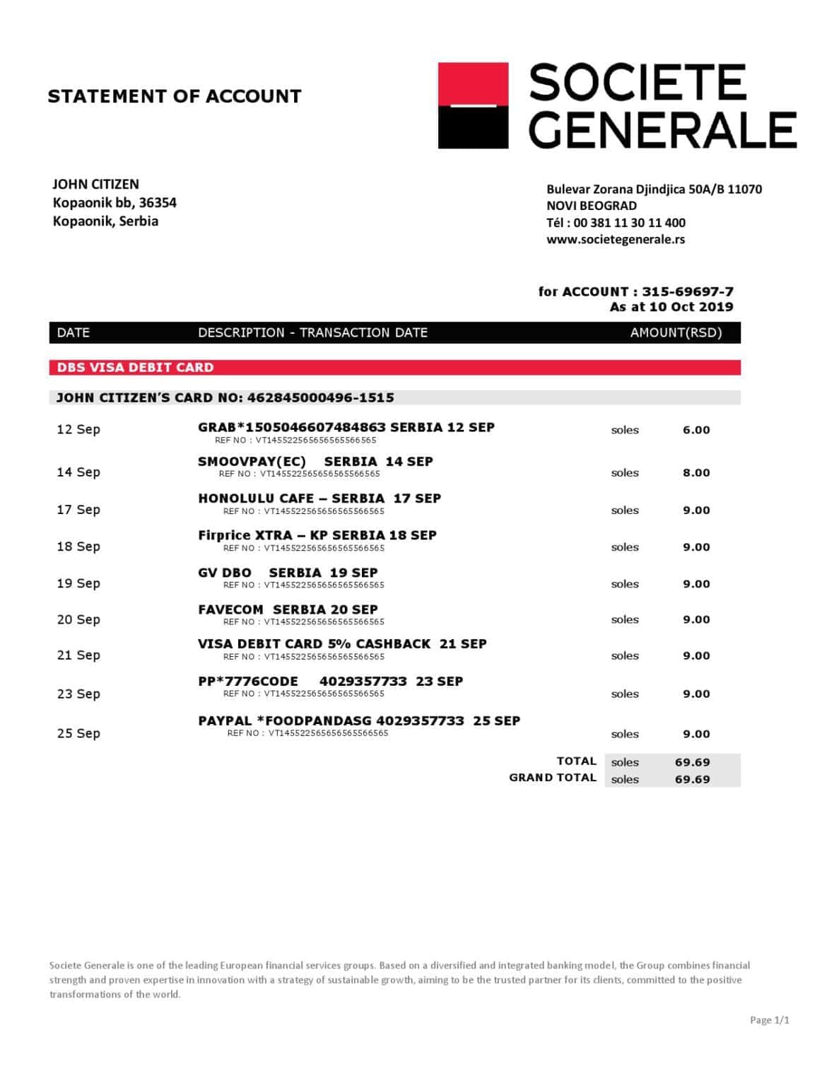 Serbia Societe Generale Bank Proof Of Address Statement Template In ...