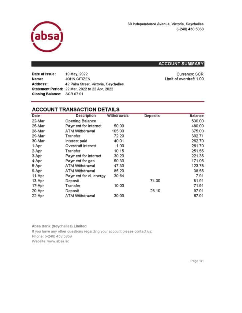 Seychelles ABSA Bank Statement, Excel And PDF Template