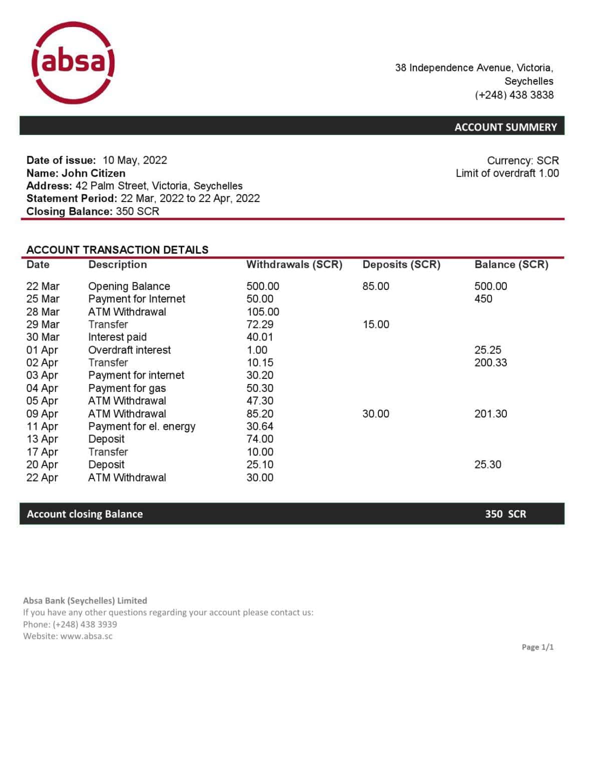 Seychelles ABSA Bank Statement Template In Word And PDF Format