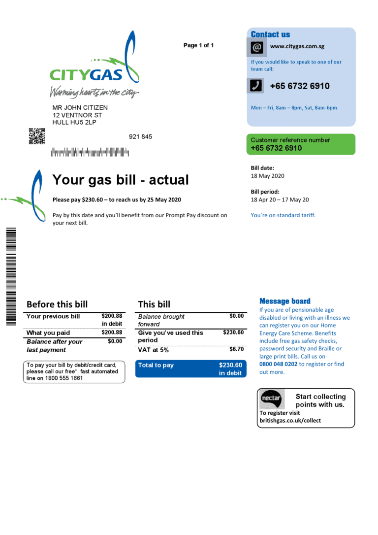 Singapore City Gas Utility Bill Template, Fully Editable In PSD Format