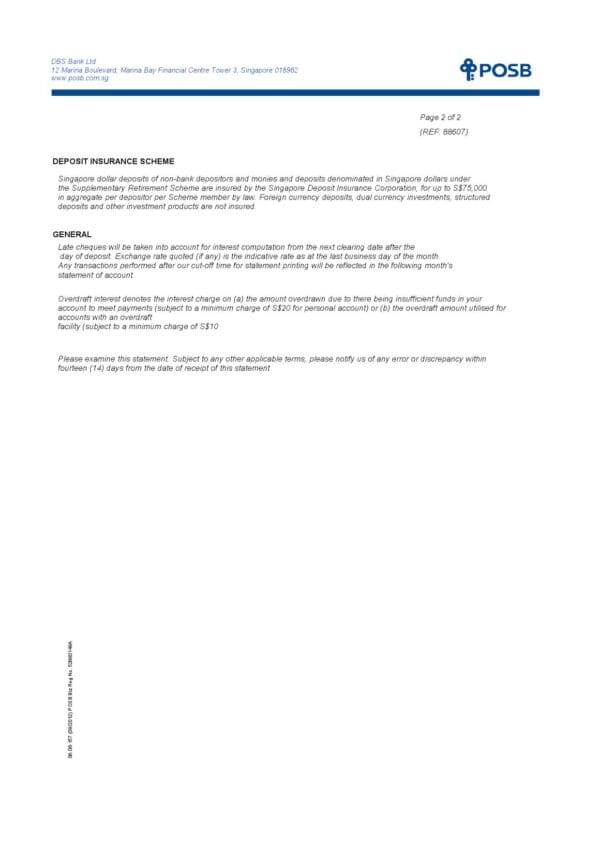 Singapore DBS Bank Statement Template In Excel And PDF Format (2 Pages)