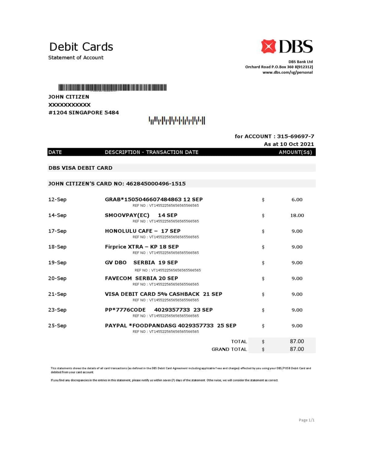 Singapore DBS Bank Proof Of Address Statement Template In .xls And .pdf ...