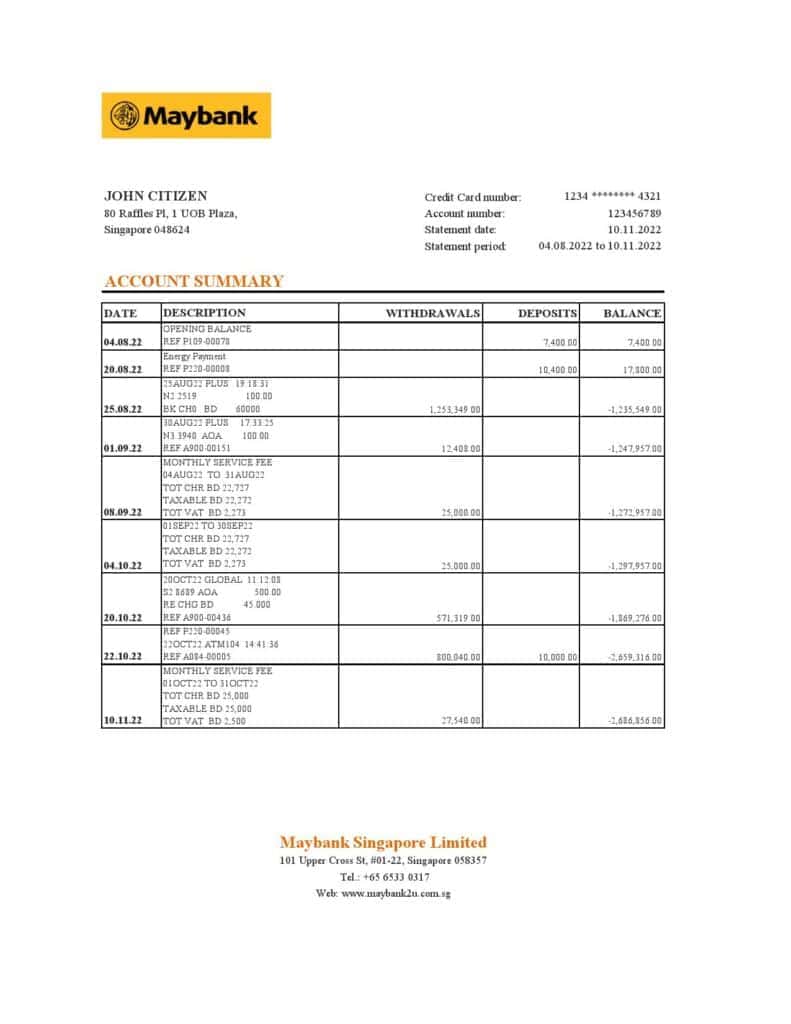 Singapore Maybank Bank Statement, Excel And PDF Template | Mr. Verify