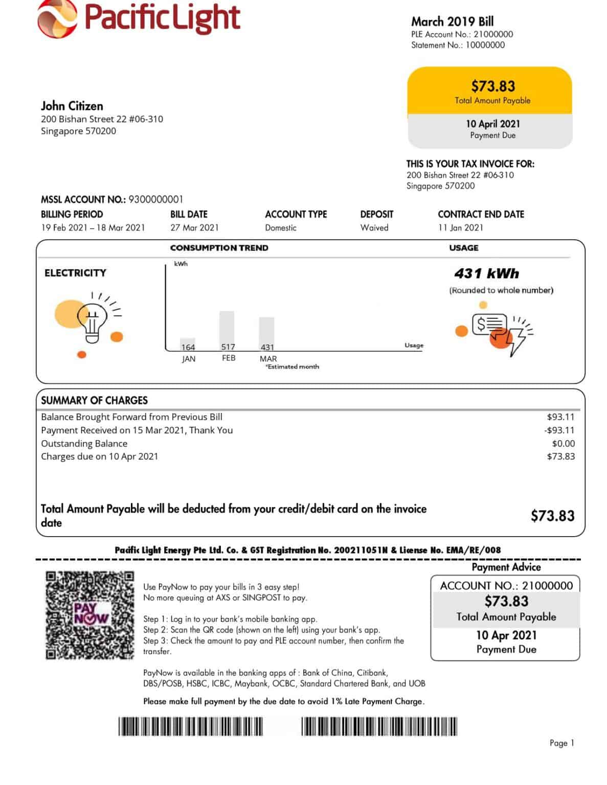 Singapore Pacific Light Electricity Utility Bill Template In Word And ...