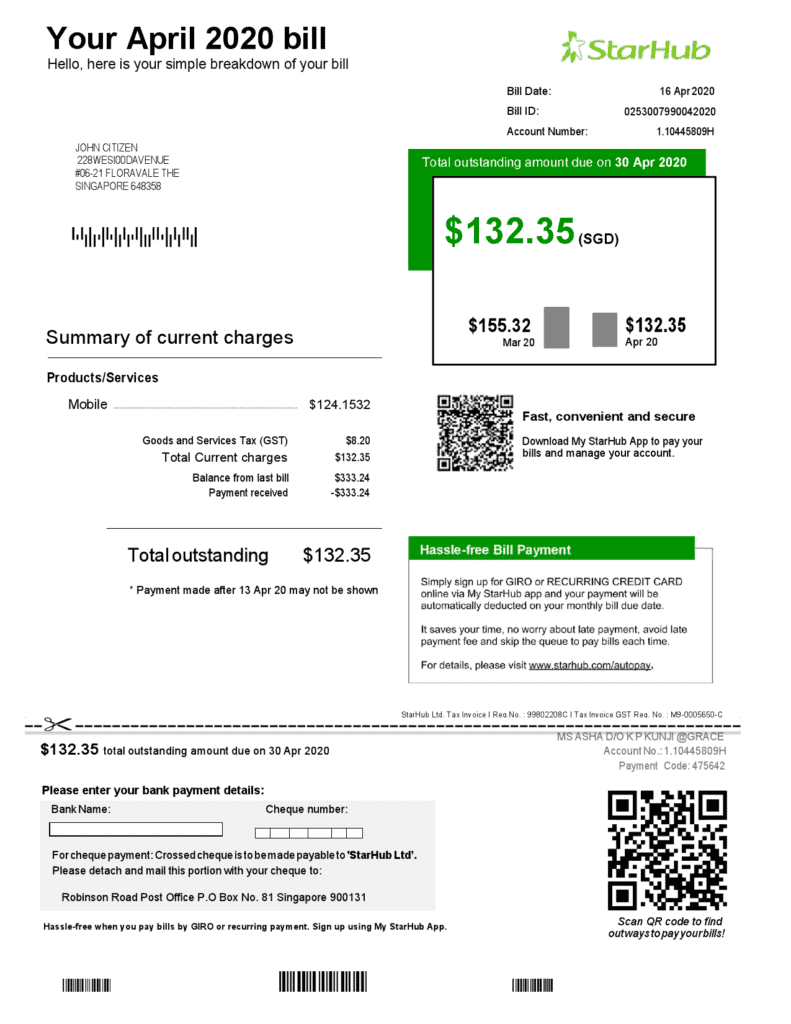 Singapore StarHub Utility Bill Template In Word And PDF Format