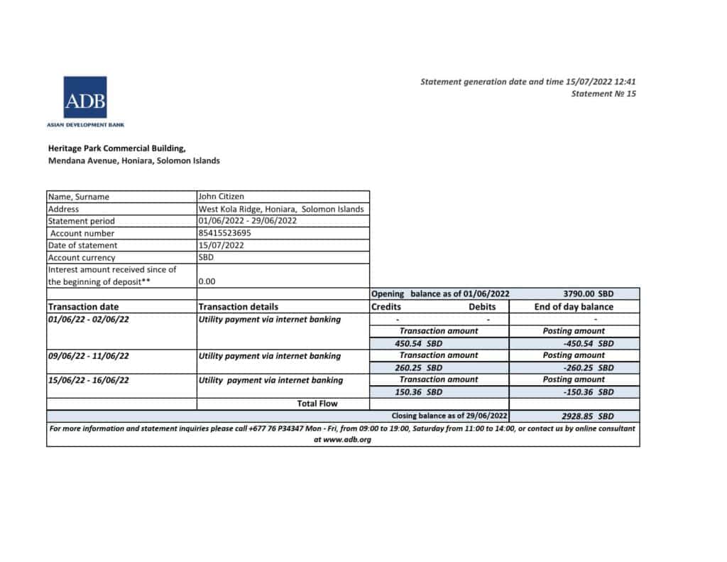 Solomon Islands ADB Bank Statement, Excel And PDF Template