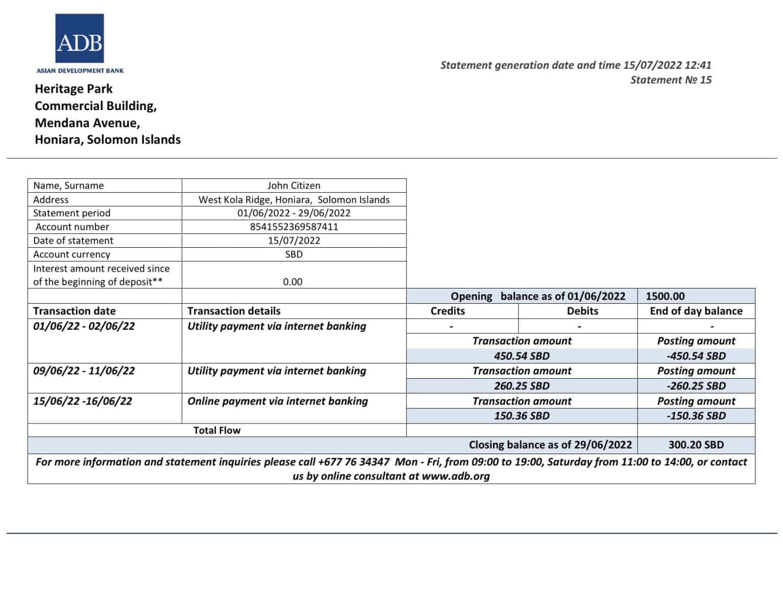 Solomon Islands ADB Bank Statement Template In Word And PDF Format