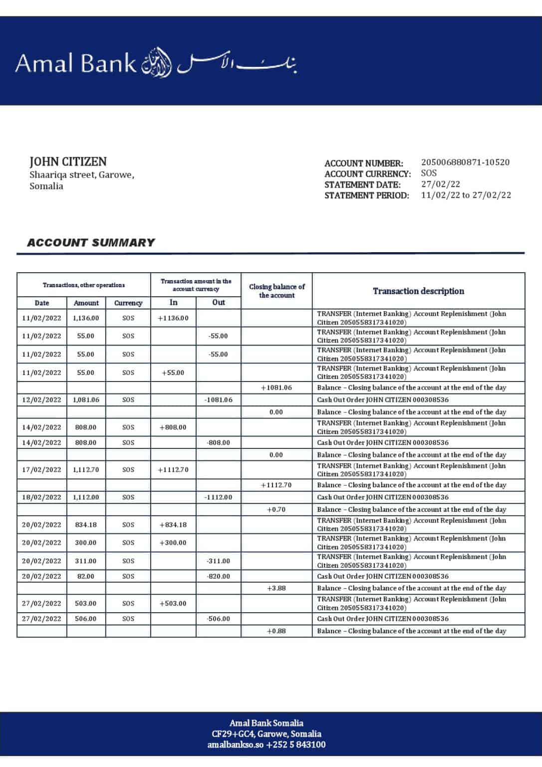 Somalia Amal Bank Statement Template In Word And PDF Format