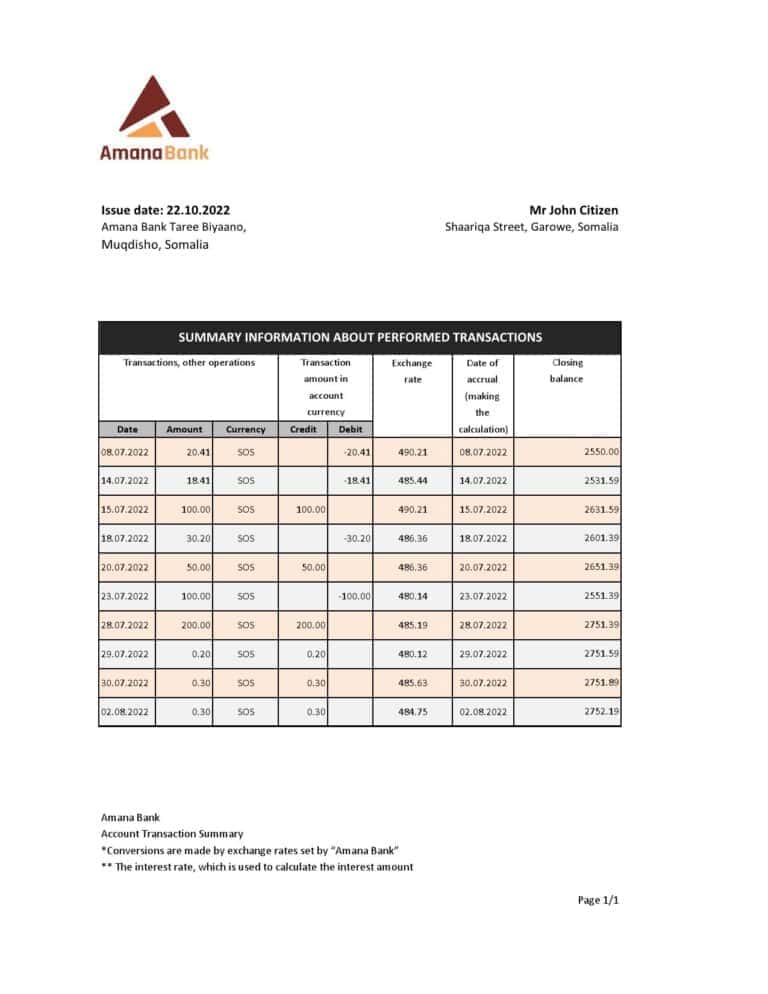 Somalia Amana Bank Statement, Excel And PDF Template