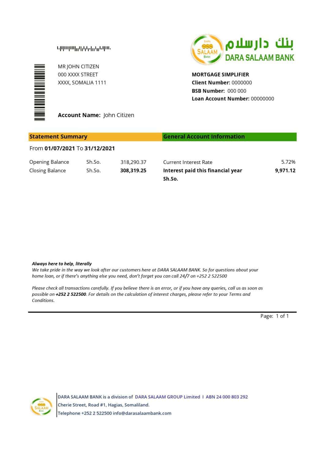 Somalia Dara Salaam Bank Statement Template In Excel And PDF Format
