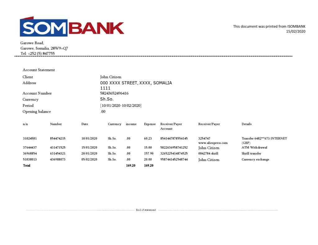 Somalia Sombank Bank Statement Template In Word And PDF Format