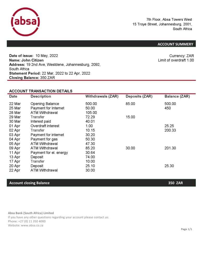 South Africa ABSA Bank Statement Template In Word And PDF Format