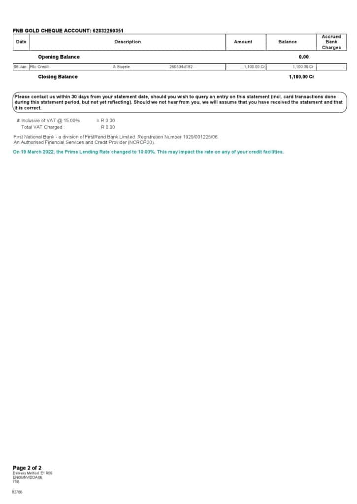 South Africa First National Bank (FNB) Bank Statement, Word And PDF ...