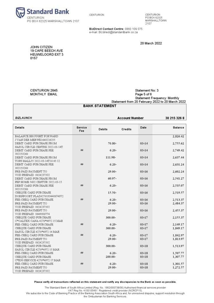 South Africa Standard Bank Statement, Word And PDF Template, 6 Pages