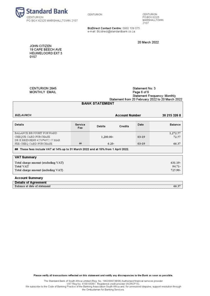 South Africa Standard Bank Statement, Word And PDF Template, 6 Pages