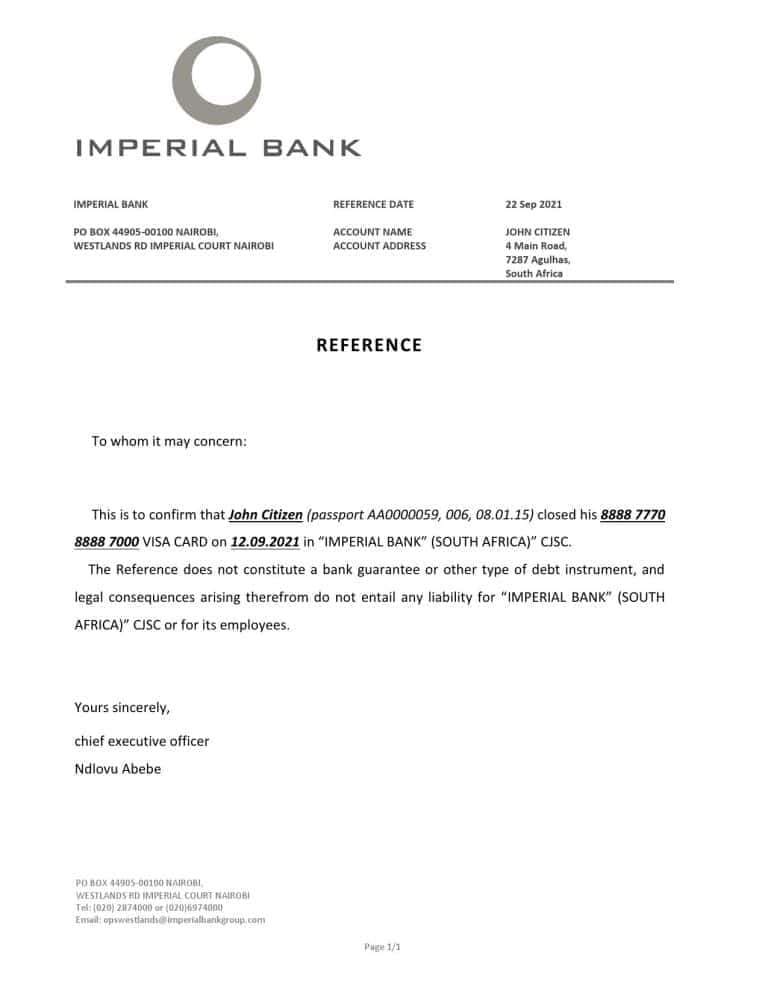 Download South Africa Imperial Bank Reference Letter Templates ...