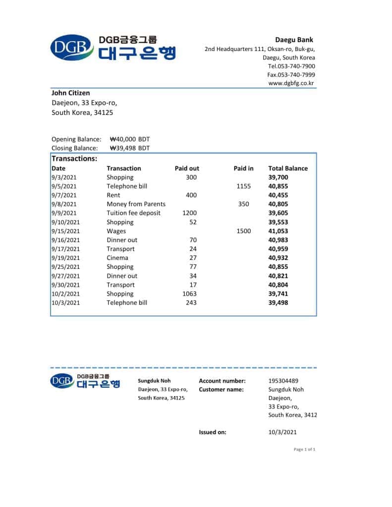 South Korea Daegu Bank Statement Easy To Fill Template In Excel And PDF ...