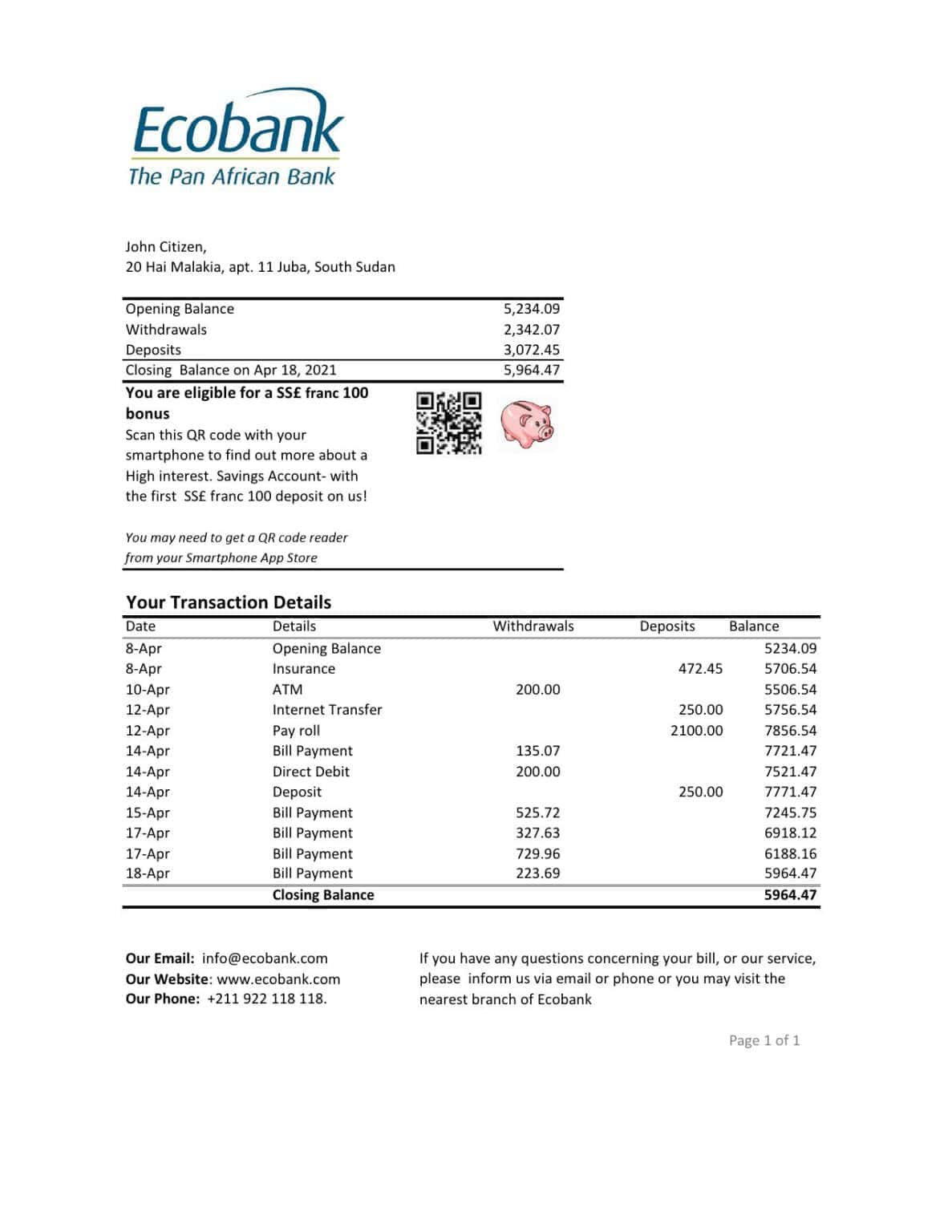 South Sudan Ecobank Bank Statement Easy To Fill Template In Excel And ...