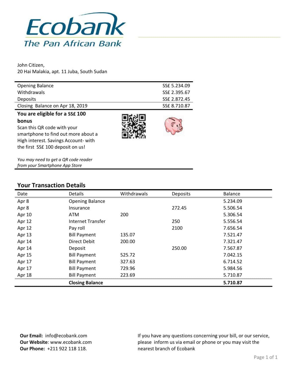 South Sudan Ecobank Proof Of Address Bank Statement Template In Word ...