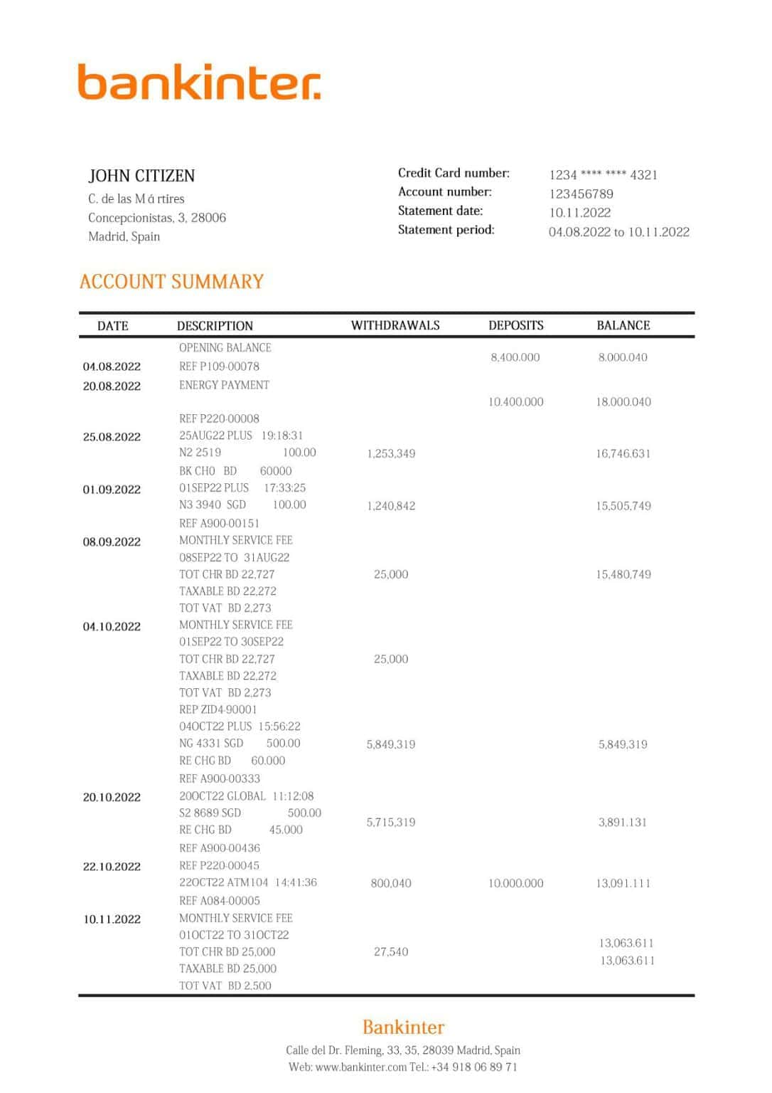Spain Bankinter Bank Statement Template In Word And PDF Format | Mr. Verify