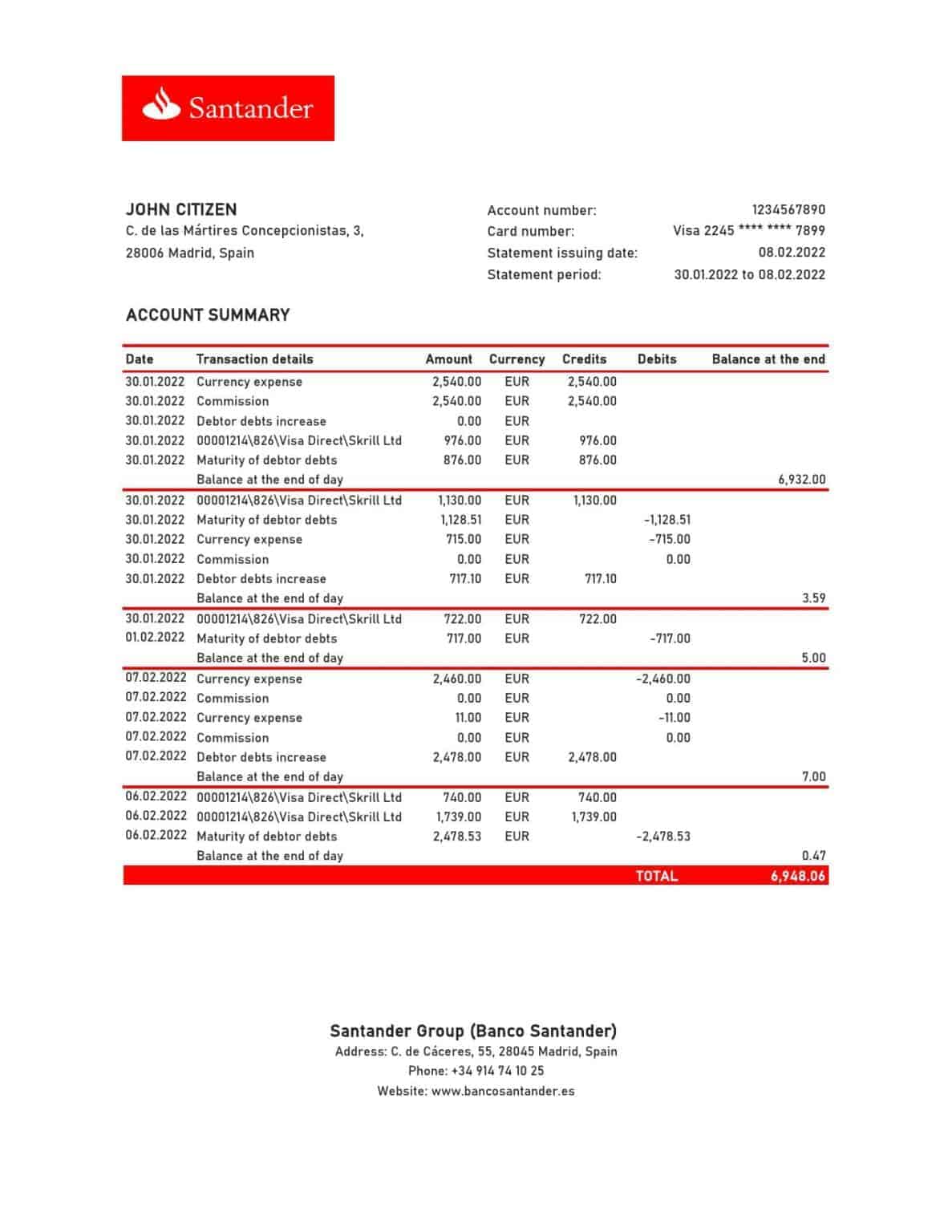 Spain Santander Bank Statement Excel Template