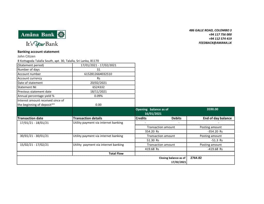 Sri Lanka Amana Bank Statement Easy To Fill Template In Excel And PDF ...