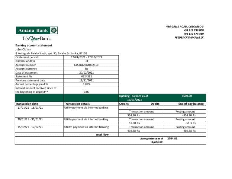 Sri Lanka Amana Bank Statement Easy To Fill Template In Excel And PDF Format