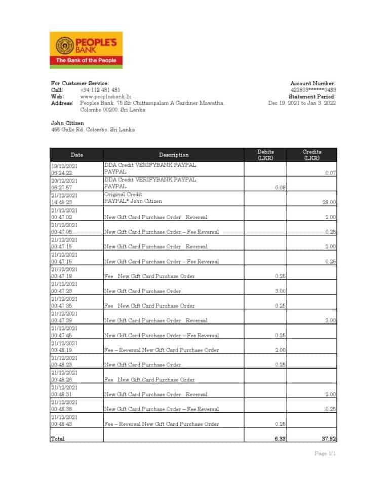 Sri Lanka People’s Bank Statement, Excel And PDF Template