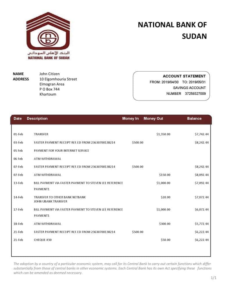 Sudan National Bank Of Sudan Bank Statement Template In Word And PDF Format
