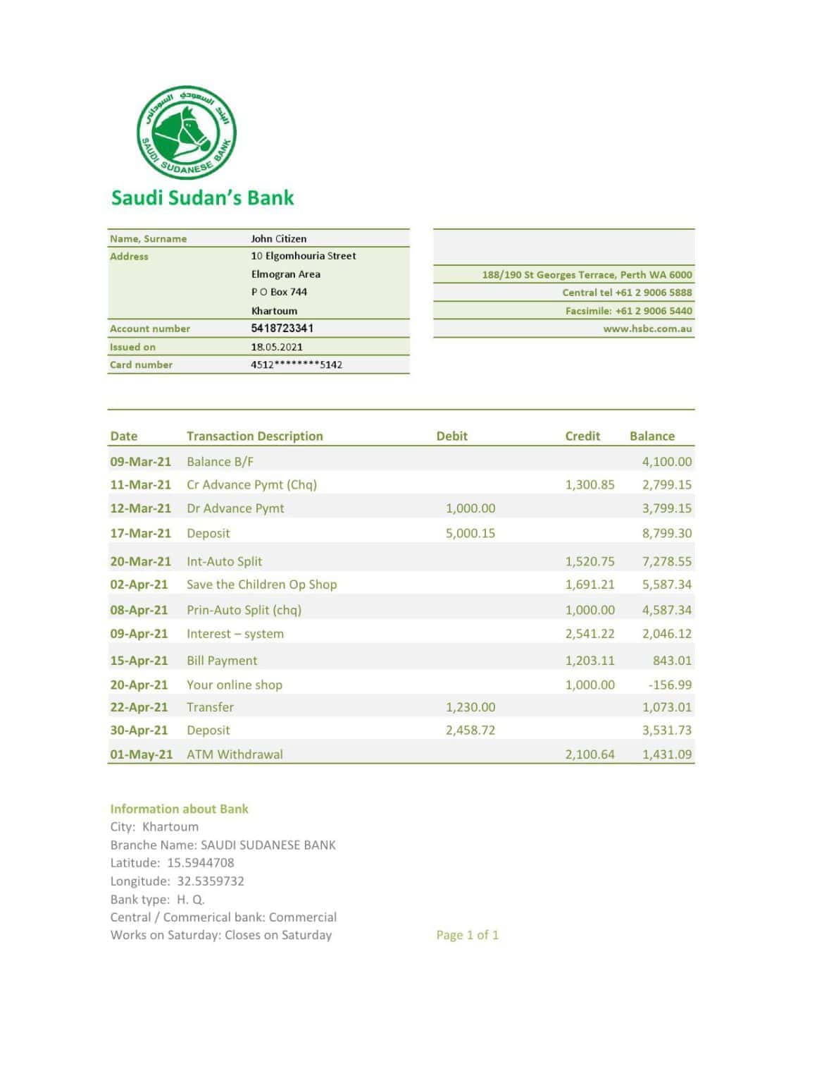 Sudan Saudi Sudanese Bank Statement Easy To Fill Template In .xls And ...
