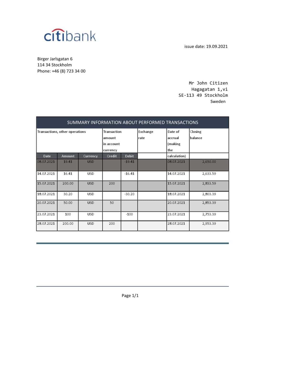 Sweden Citibank Bank Statement Easy To Fill Template In Excel And PDF ...
