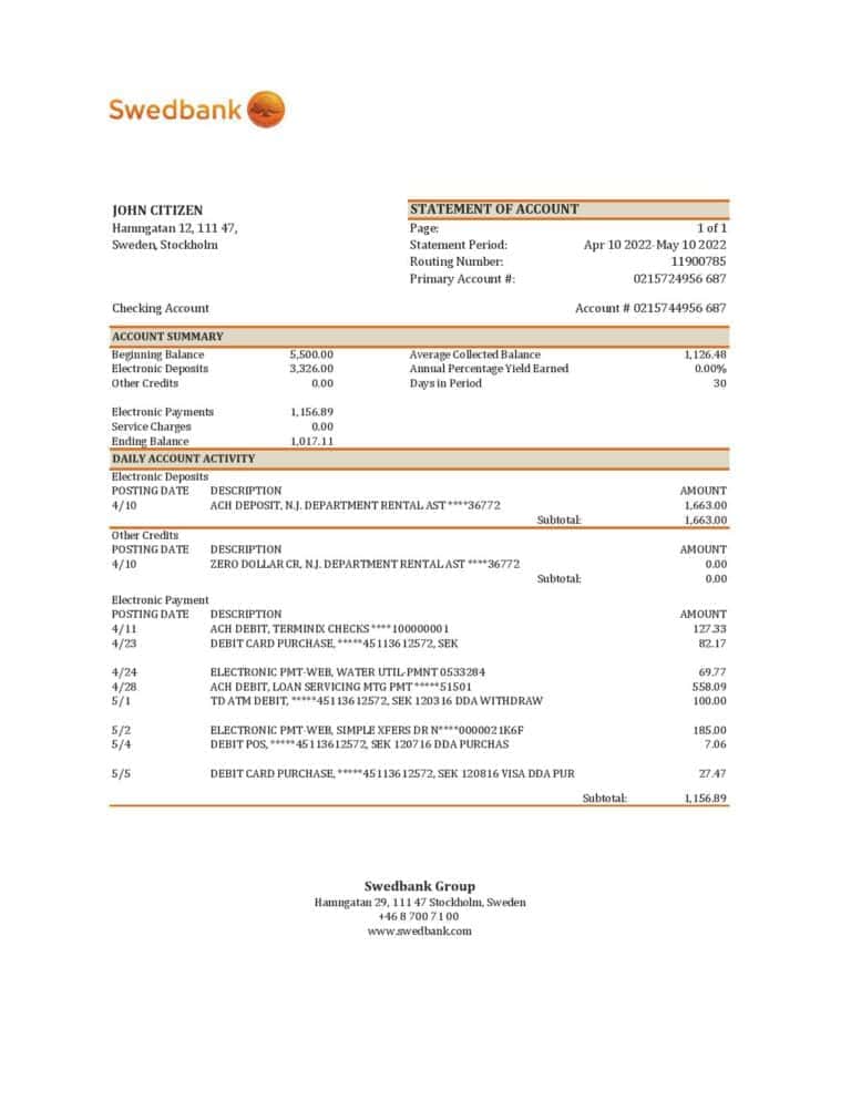 Sweden Swedbank Bank Statement, Excel And PDF Template