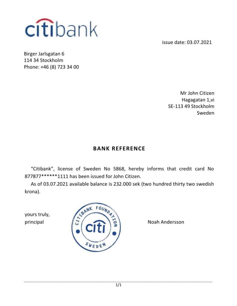 Download Sweden Citibank Bank Reference Letter Templates | Editable Word