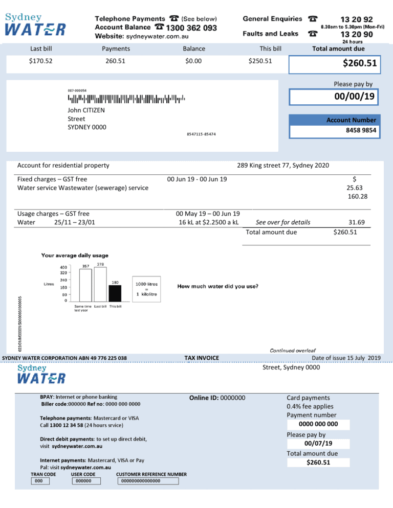 Australia Sydney Water Utility Bill Template, Fully Editable In Word ...