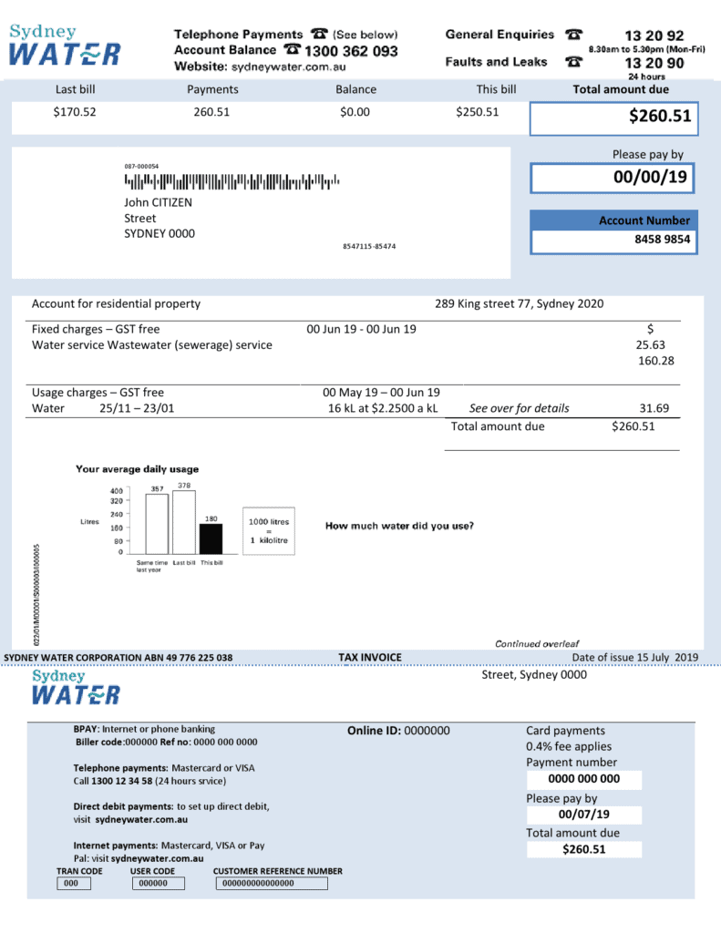 Australia Sydney Water Utility Bill Template, Fully Editable In Word ...