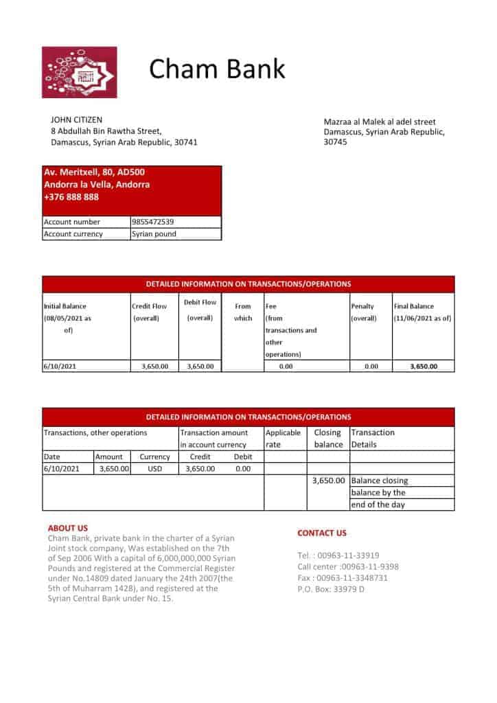 Syria Cham Bank Proof Of Address Statement Template In Excel And PDF ...