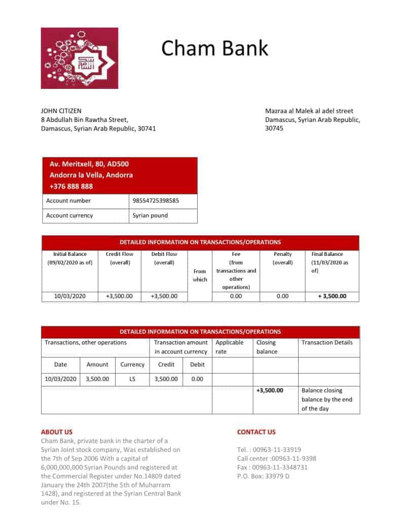 Syria Cham Bank Proof Of Address Statement Template In Word And PDF ...