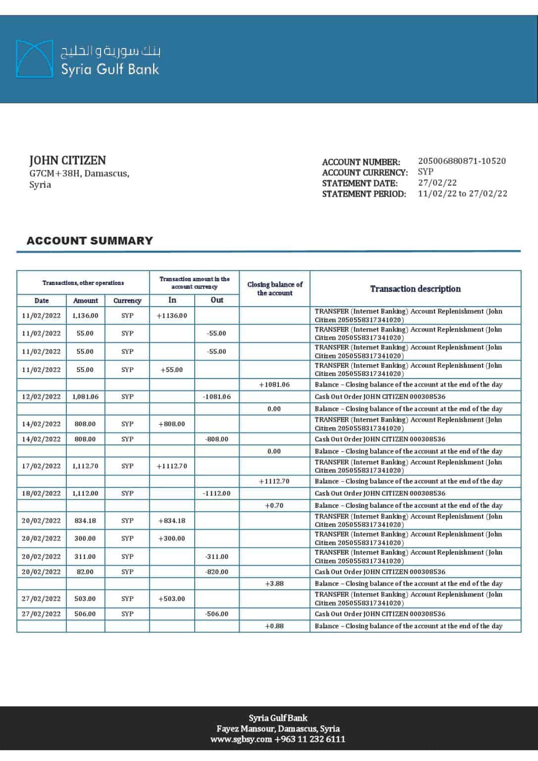 Syria Gulf Bank Statement Template In Word And PDF Format