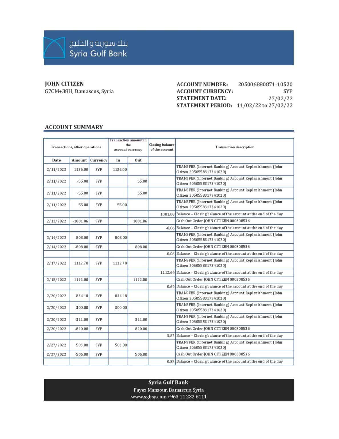 Syria Gulf Bank Statement, Excel And PDF Template