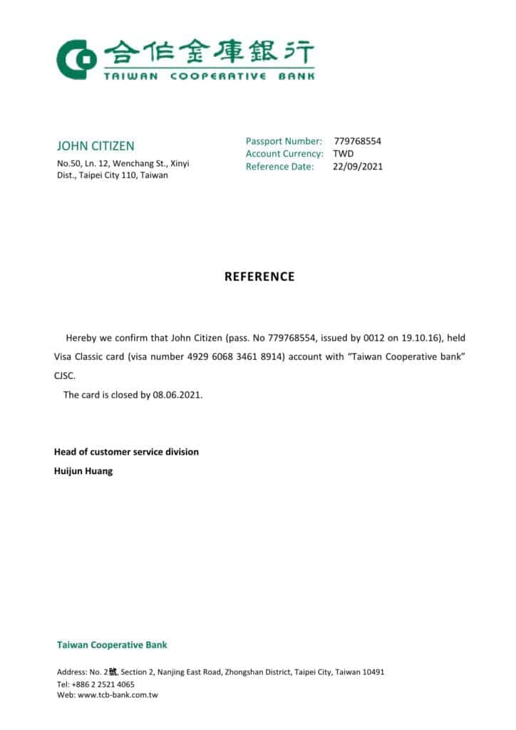 Download Taiwan Cooperative Bank Reference Letter Templates | Editable Word