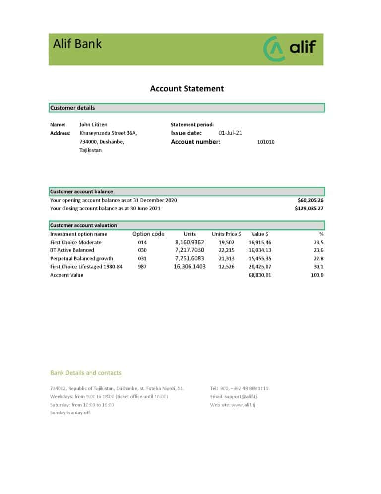 Tajikistan Alif Bank Statement Template In Excel And PDF Format