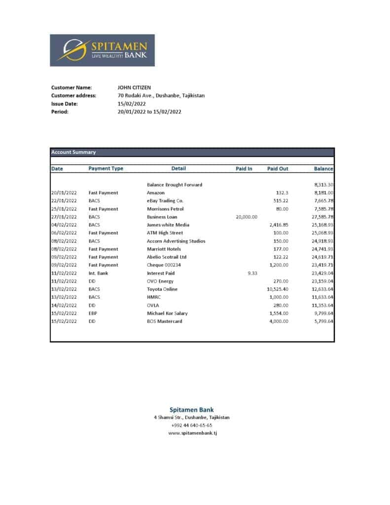 Tajikistan Spitamen Bank Statement, Excel And PDF Template