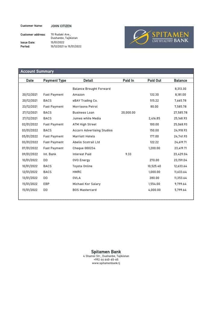 Tajikistan Spitamen Bank Statement Template In Word And PDF Format
