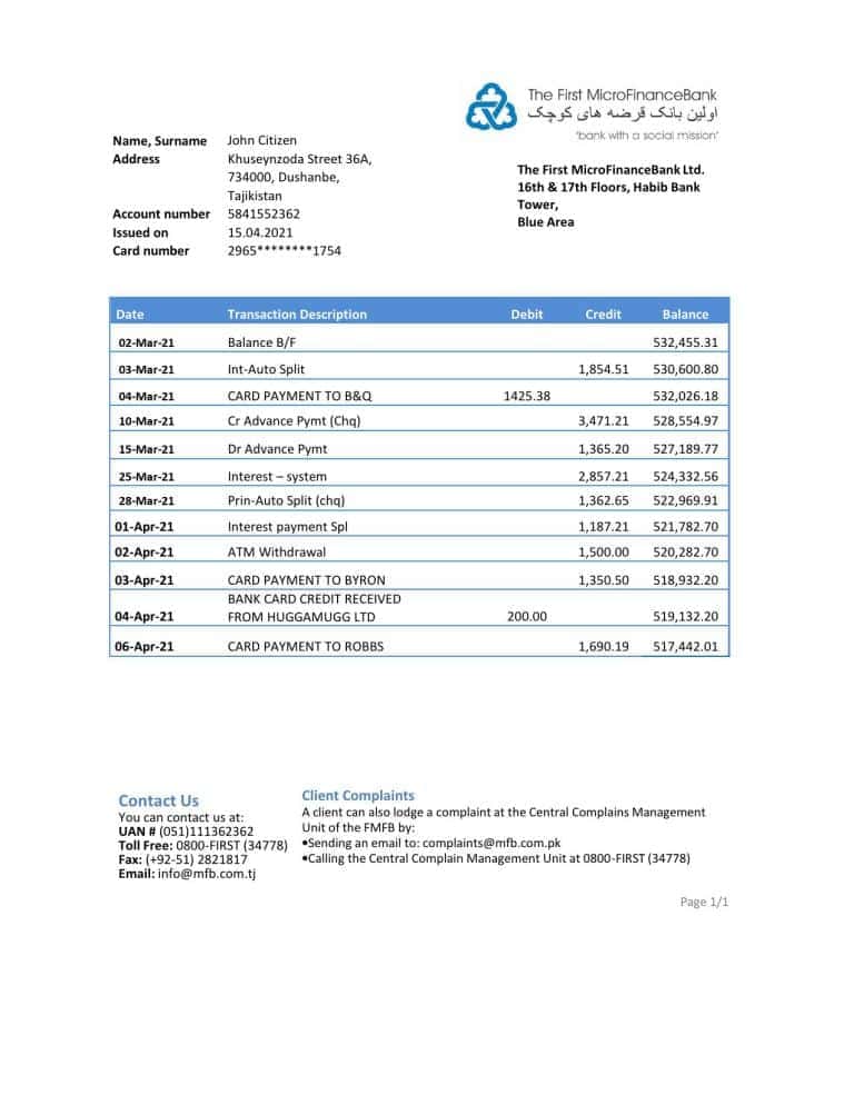 Tajikistan The First MicroFinance (FMFB) Bank Statement Template In ...